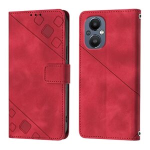 ONV Wallet Case for OnePlus Nord N20 5G - Solid Color Skin Flip Phone Case with Wrist Strap Card Holder Magnet Leather Shell Flip Stand Cover for Oppo Reno 7Z 5G / A96 5G / Reno 8 Lite 5G [005] -Red