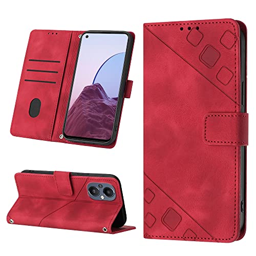 ONV Wallet Case for OnePlus Nord N20 5G - Solid Color Skin Flip Phone Case with Wrist Strap Card Holder Magnet Leather Shell Flip Stand Cover for Oppo Reno 7Z 5G / A96 5G / Reno 8 Lite 5G [005] -Red