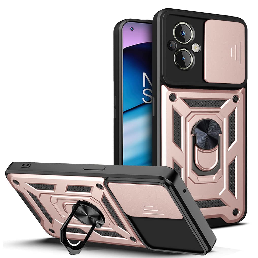 CCSmall Phone Case for OnePlus Nord N20 5G/Oppo A96 5G with Slide Camera Window, Heavy Duty Protection Phone Cover Case with Ring Kickstand for Oppo Reno7 Z 5G/Reno7 Lite SJ Rose Gold