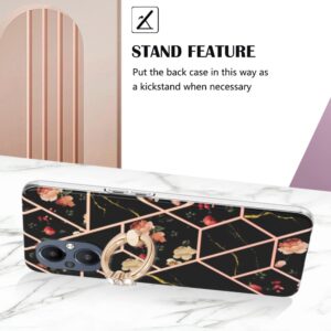 Compatible with OnePlus Nord N20 Case Black, Personalized Marble Plaid Flower Series Slim Phone Cases Shockproof Back Protective Cover Ring Holder for 1+ NordN20 5G / Oppo Reno 7Z 5G / Reno7 Lite 5G