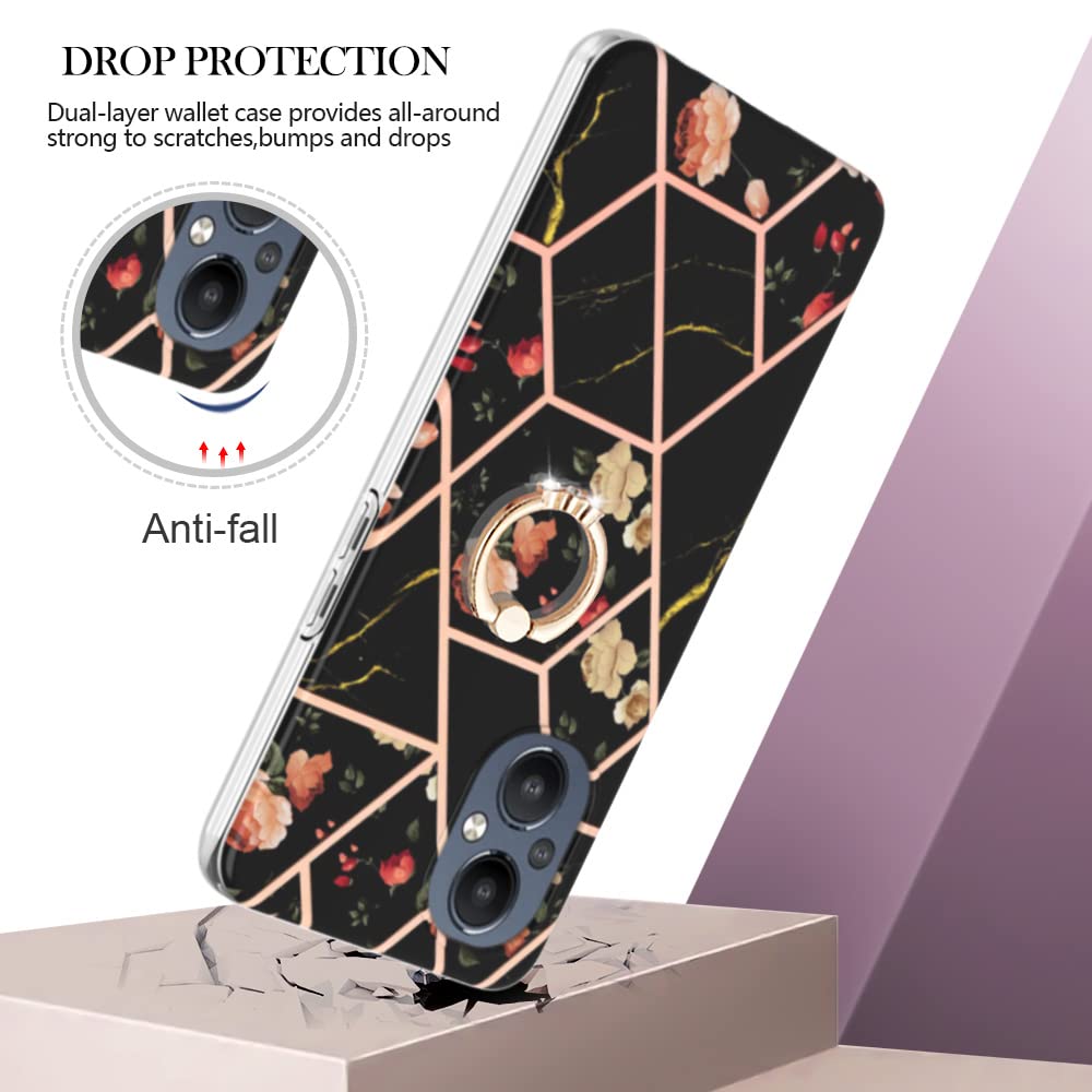 Compatible with OnePlus Nord N20 Case Black, Personalized Marble Plaid Flower Series Slim Phone Cases Shockproof Back Protective Cover Ring Holder for 1+ NordN20 5G / Oppo Reno 7Z 5G / Reno7 Lite 5G