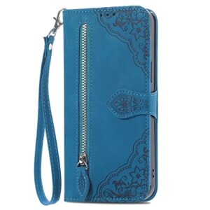 onv wallet case for oneplus n20 - with zipper wrist strap emboss flower flip phone case card slot magnet leather shell flip stand cover for oneplus n20[szy] -blue