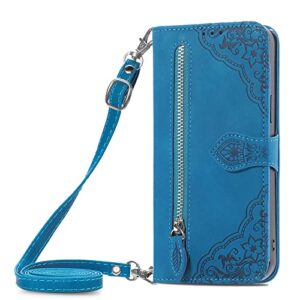 onv wallet case for oneplus n20-1.5m adjustable strap emboss flower flip phone case card slot magnet leather shell flip+zipper cover for oneplus n20 [szy] -blue