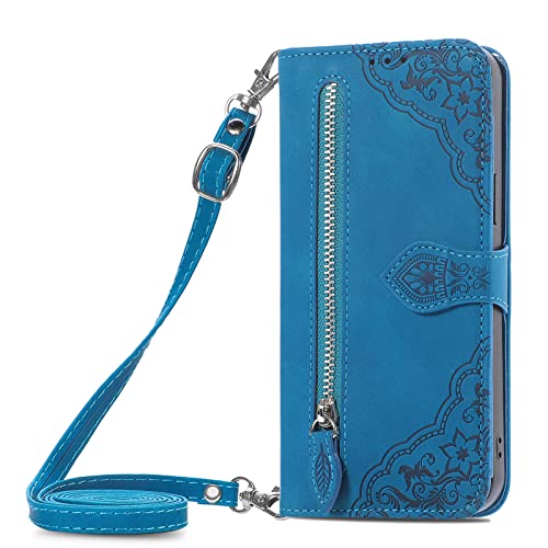 ONV Wallet Case for OnePlus N20-1.5M Adjustable Strap Emboss Flower Flip Phone Case Card Slot Magnet Leather Shell Flip+Zipper Cover for OnePlus N20 [SZY] -Blue