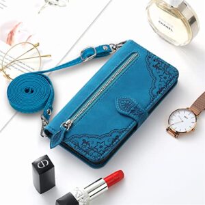 ONV Wallet Case for OnePlus N20-1.5M Adjustable Strap Emboss Flower Flip Phone Case Card Slot Magnet Leather Shell Flip+Zipper Cover for OnePlus N20 [SZY] -Blue