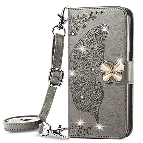 ONV Wallet Case for OnePlus N20-1.5M Adjustable Strap Emboss Butterfly Flip Phone Case Card Slot Magnet Leather Shell Flip Stand Cover for OnePlus N20 [ZS] -Grey