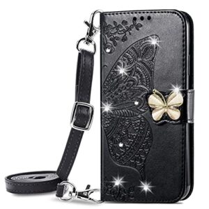 onv wallet case for oneplus n20 se -1.5m adjustable strap emboss butterfly flip phone case card slot magnet leather shell flip stand cover for oneplus n20 se [zs] -black