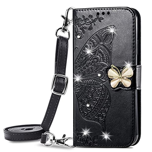 ONV Wallet Case for OnePlus N20 SE -1.5M Adjustable Strap Emboss Butterfly Flip Phone Case Card Slot Magnet Leather Shell Flip Stand Cover for OnePlus N20 SE [ZS] -Black