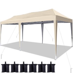 quictent 10x20 pop up canopy tent easy up canopy with 6 free sandbags, instant folding canopy tent for party and outdoor event - beige