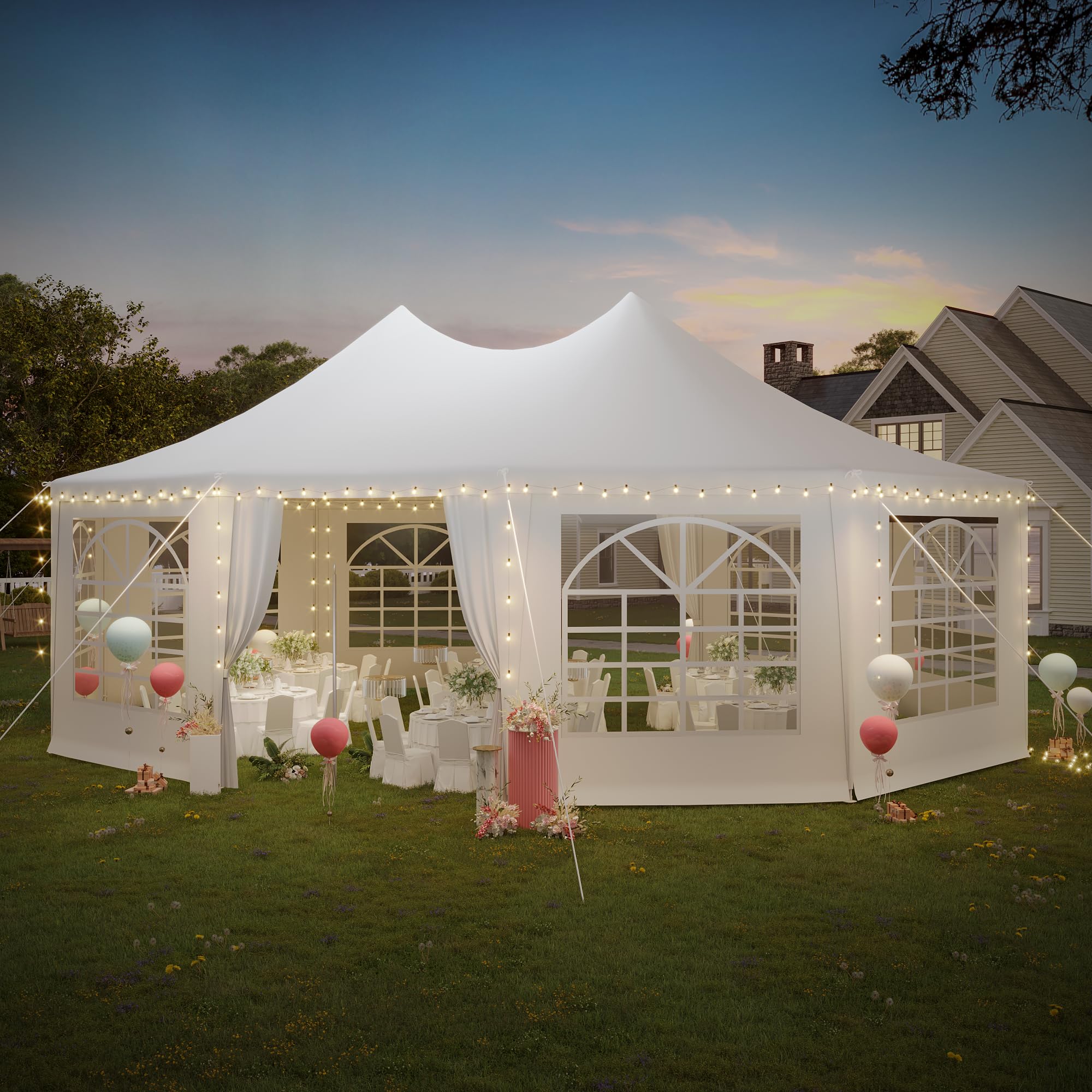 EROMMY 26x19ft Party Tent, White Wedding Tent, Decagonal Heavy Duty Canopy with 8 Removable Sidewalls, 8 Church Windows and 2 Pull-Back Doors, Outdoor Gazebo Pavilion Shelter Tent for Party, Event