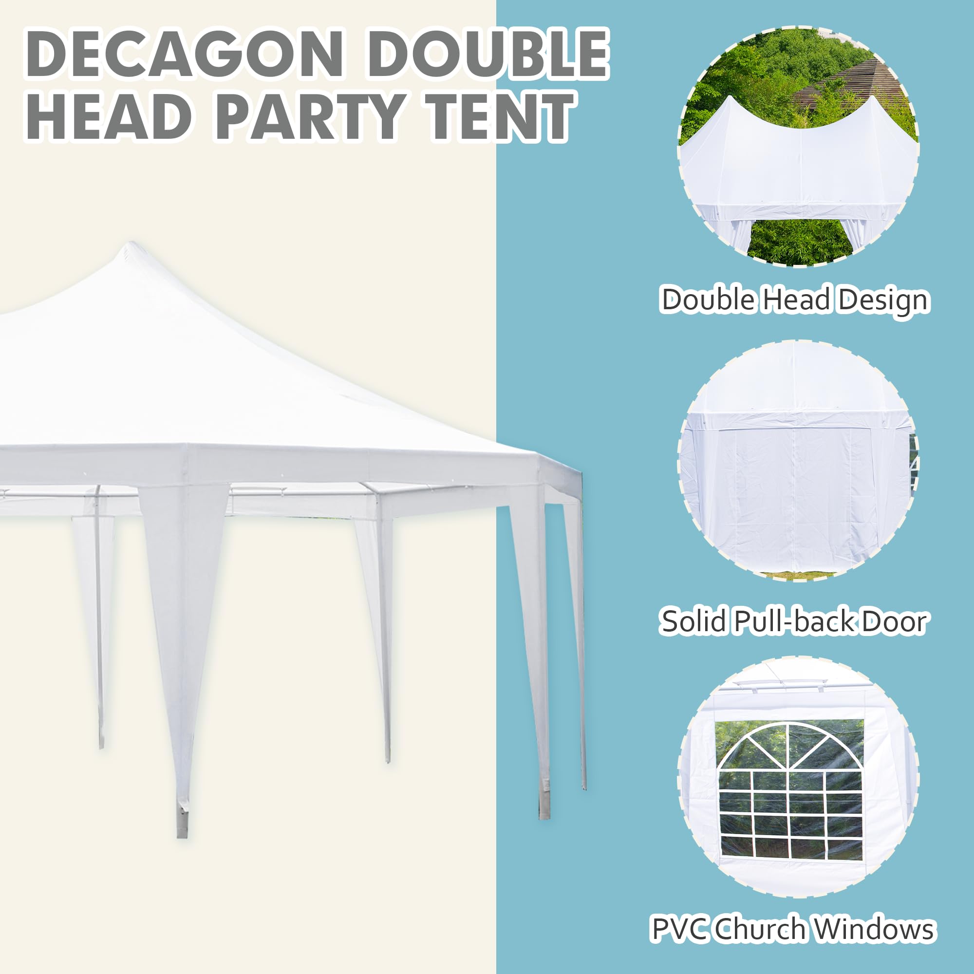 EROMMY 26x19ft Party Tent, White Wedding Tent, Decagonal Heavy Duty Canopy with 8 Removable Sidewalls, 8 Church Windows and 2 Pull-Back Doors, Outdoor Gazebo Pavilion Shelter Tent for Party, Event