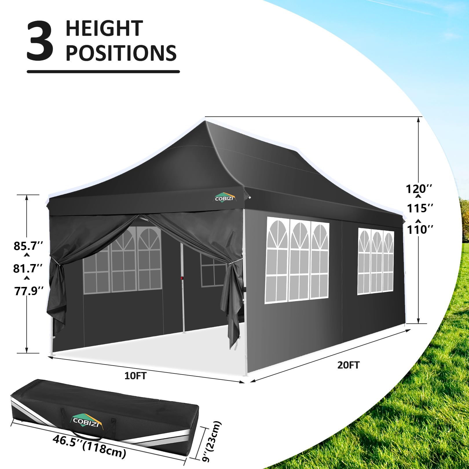 COBIZI 10x20ft Pop Up Canopy Tent with 6 Removable Sidewalls, Easy Up Commercial Canopy, Waterproof and UV50+ Gazebo with Portable Bag, Adjustable Leg Heights,Party Tents for Parties, with 4 Sandbags