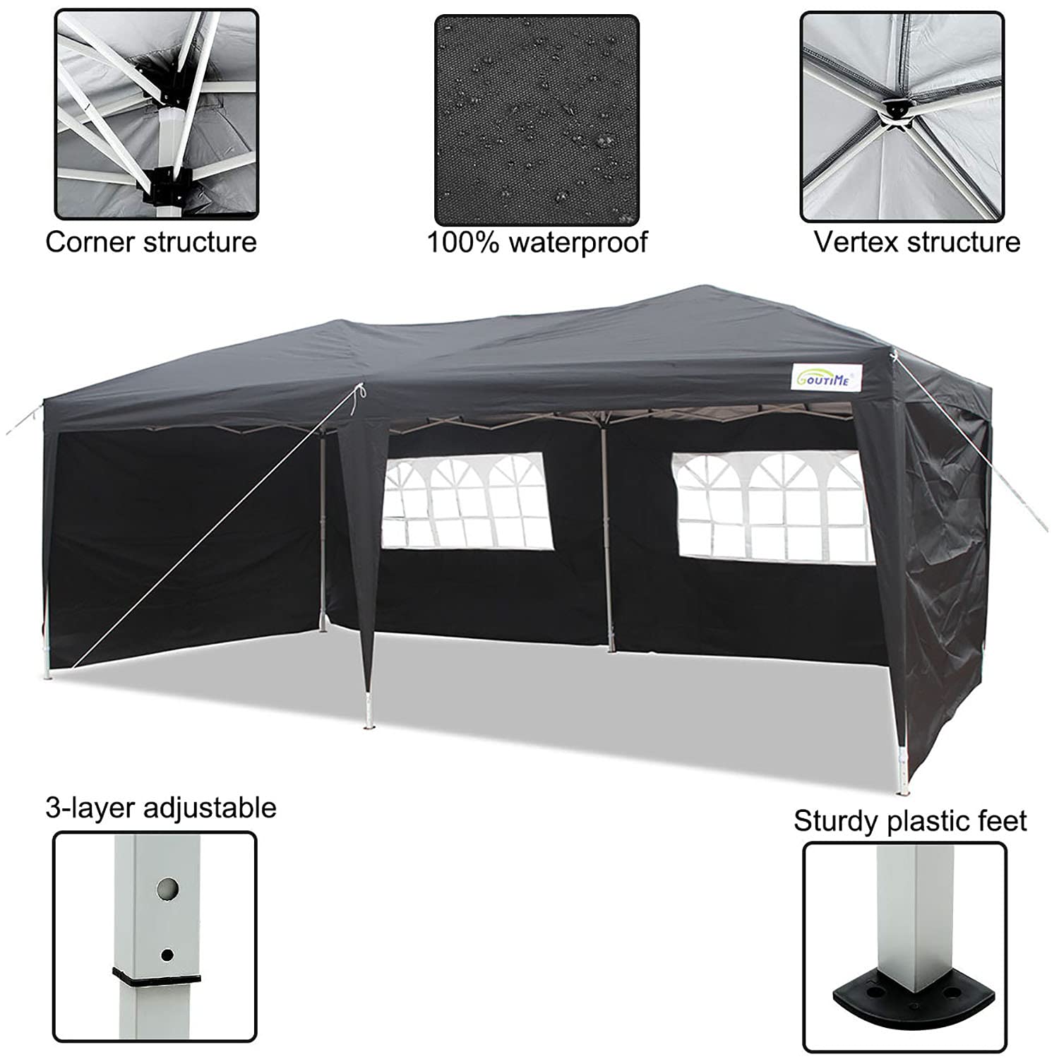 Goutime Black Canopy, Party Tent 10x20, Ez Pop up Canopy with Removable Sidewalls and Wheeled Bag,Tents for Outdoor Parties