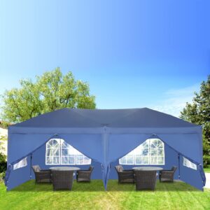 vingli 10x20 feet pop up canopy 6 removable sidewalls, one push instant tent with carry bag, outdoor folding canopy tent, patio event gazebo beach tent (blue)