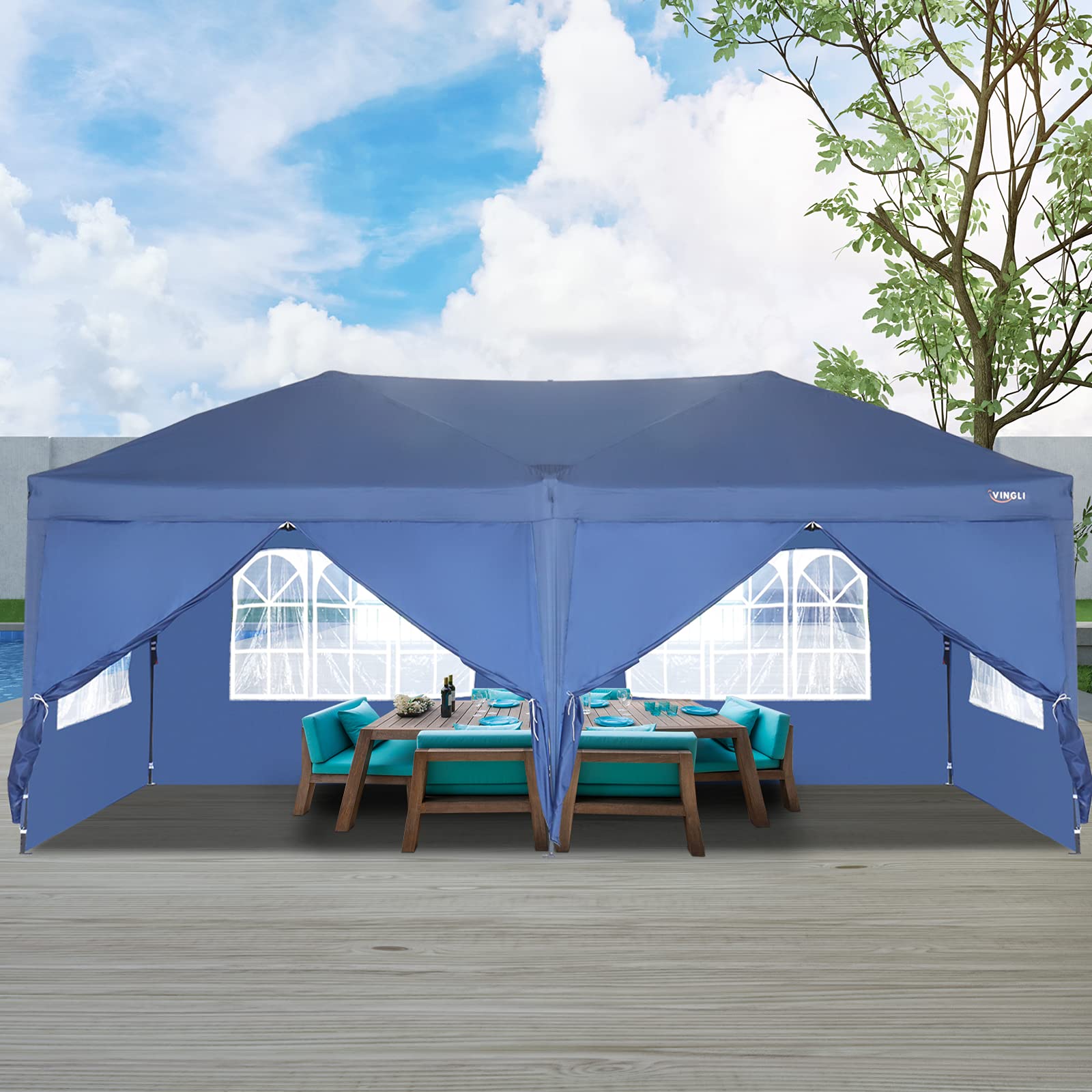 VINGLI 10X20 Feet Pop Up Canopy 6 Removable Sidewalls, One Push Instant Tent with Carry Bag, Outdoor Folding Canopy Tent, Patio Event Gazebo Beach Tent (Blue)