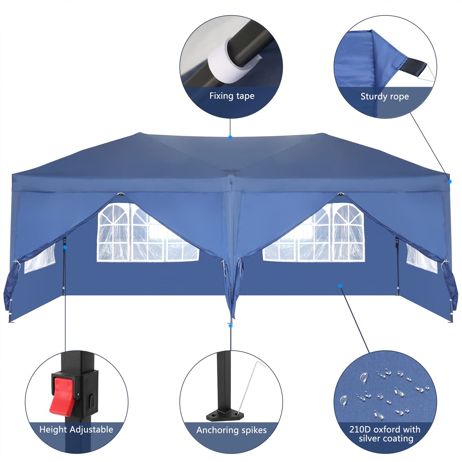 VINGLI 10X20 Feet Pop Up Canopy 6 Removable Sidewalls, One Push Instant Tent with Carry Bag, Outdoor Folding Canopy Tent, Patio Event Gazebo Beach Tent (Blue)