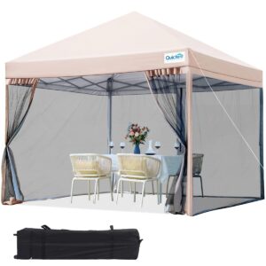 quictent 6.6'x6.6' ez pop up canopy tent with netting screened, outdoor instant portable gazebo screen house room tent -fully sealed, waterproof & roller bag included (tan)