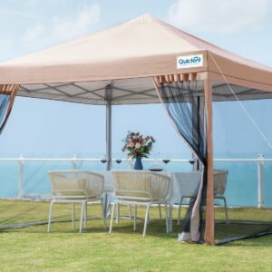 Quictent 6.6'x6.6' Ez Pop up Canopy Tent with Netting Screened, Outdoor Instant Portable Gazebo Screen House Room Tent -Fully Sealed, Waterproof & Roller Bag Included (Tan)