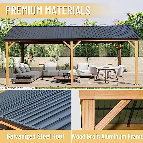 Domi 12' x 20' Hardtop Gazebo with Galvanized Steel Gable Roof, Pergola with Wood-Looking Aluminum Frame, Permanent Pavilion Outdoor Gazebo with Ceiling Hook for Deck Patio Lawn Yard Backyard Grill