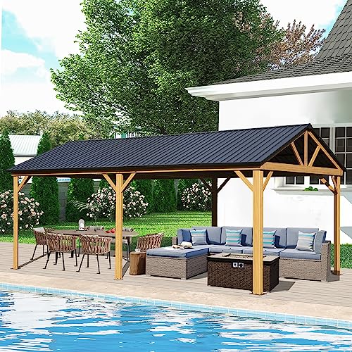 Domi 12' x 20' Hardtop Gazebo with Galvanized Steel Gable Roof, Pergola with Wood-Looking Aluminum Frame, Permanent Pavilion Outdoor Gazebo with Ceiling Hook for Deck Patio Lawn Yard Backyard Grill