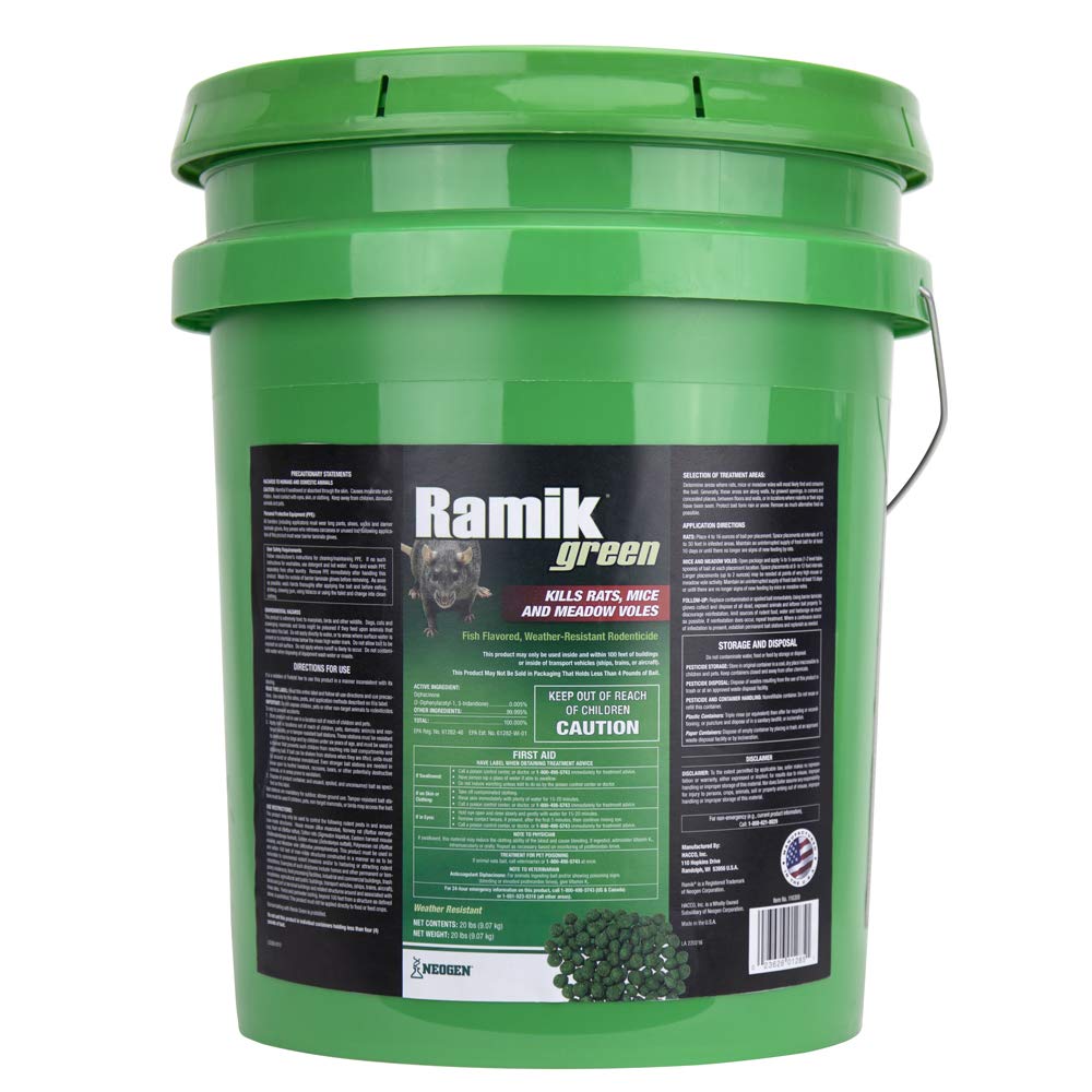 Neogen Ramik Green Fish Flavored Weather Resistant Rodenticide Pellets, 20-Pound bucket