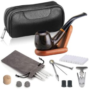 joyoldelf smoking pipe, luxury tobacco pipe with leather tobacco pipe pouch, deepened & windproof tobacco pipes for smoking with 9mm pipe filter, tobacco pipe stand and smoking accessories