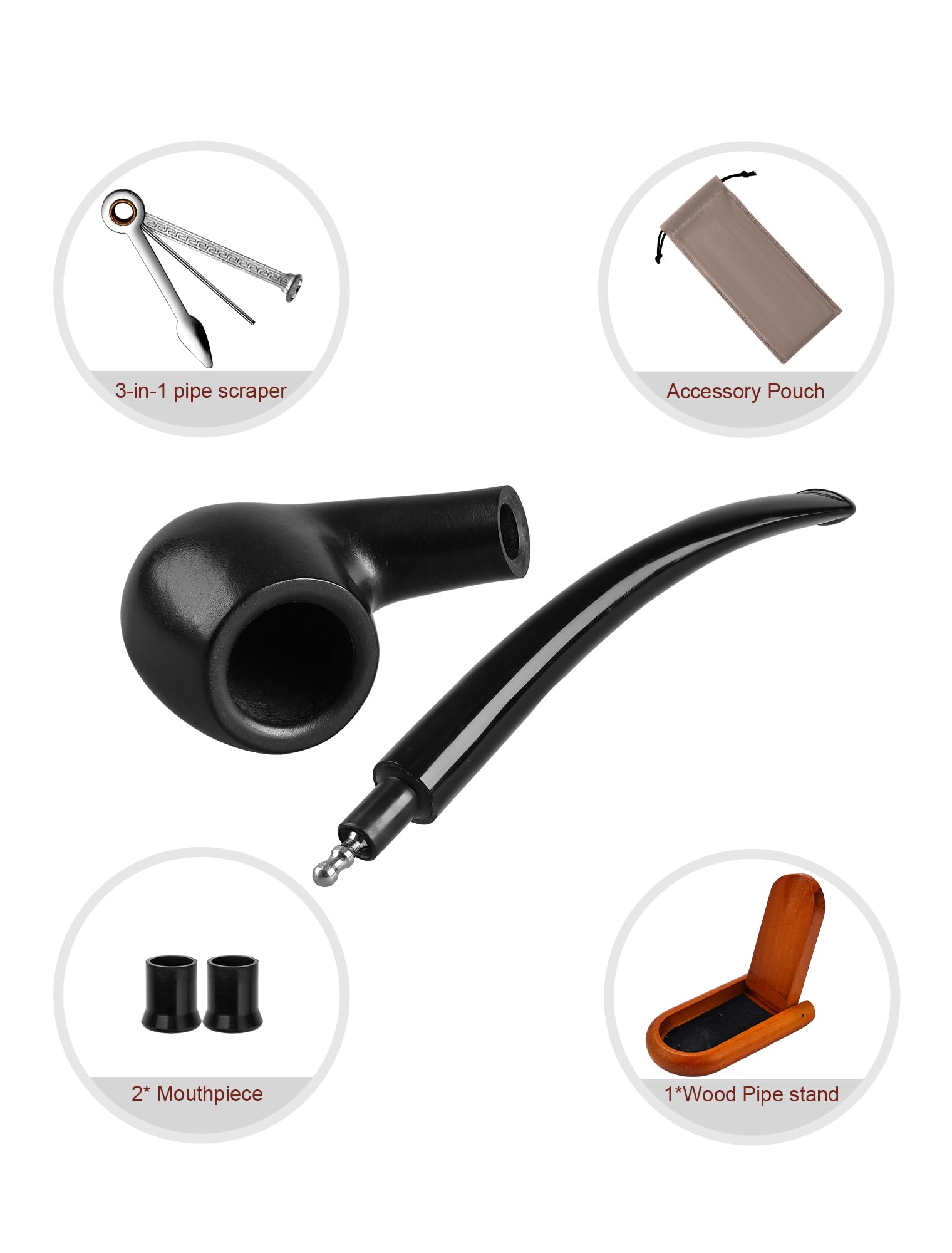 Joyoldelf Tobacco Pipe, Luxury Wooden Smoking Pipe with Tobacco Pipe Stand, Ebony Tobacco Pipes for Smoking with Pipe Scraper, Gift Box and Smoking Accessories