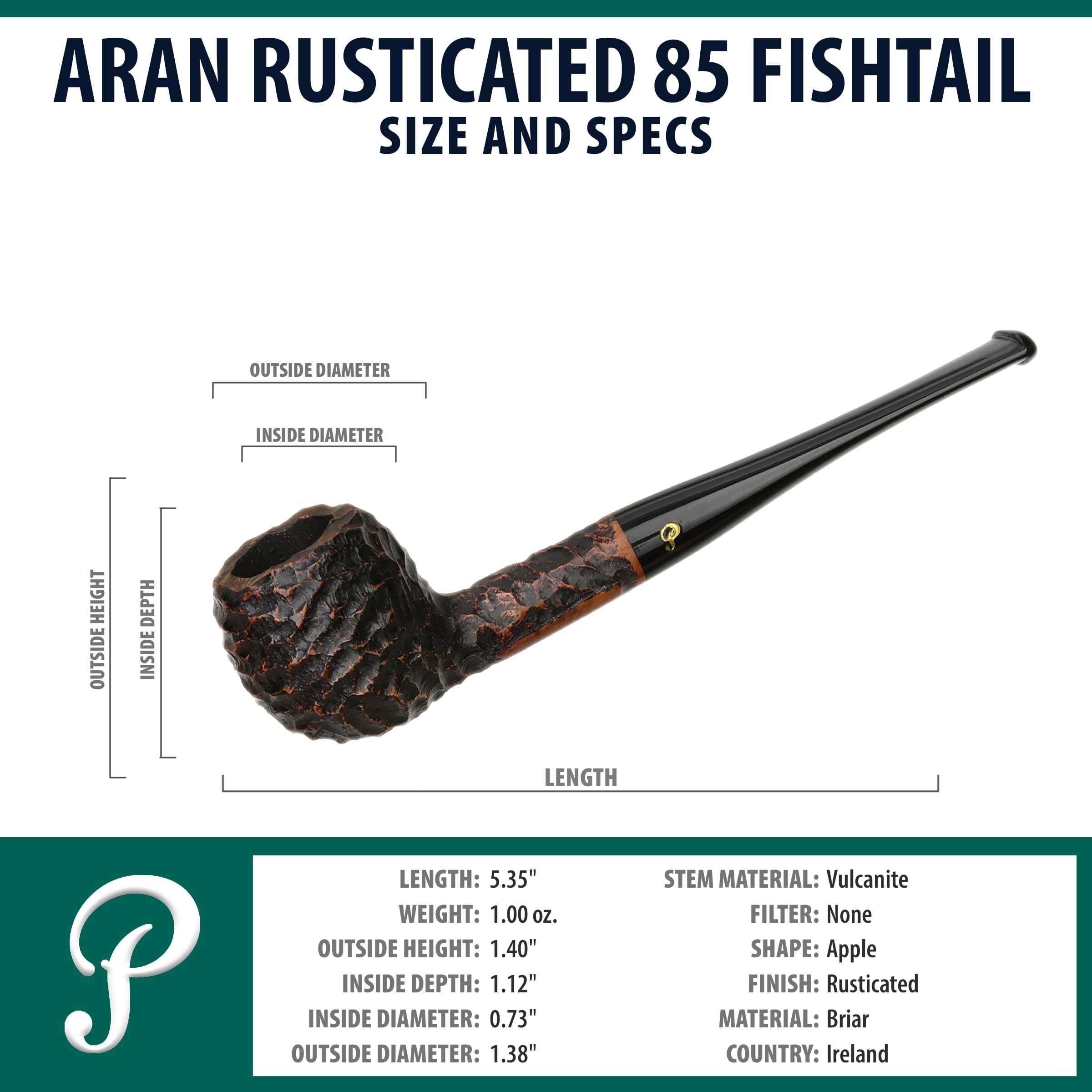 Peterson Pipes Aran - Mediterranean Briar Pipe, Handmade Wood Irish Pipe Hand Crafted in Ireland, Straight Apple, No Filter, Fishtail, Rusticated, 85