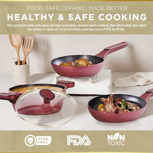 Moss & Stone Nonstick Induction Cookware Set, 4Pcs Aluminum Small Pots and Pans Set with Glass Lid, Burgundy Diamond Non Stick Casserole Pot & Fry Pan Set, Cooking Pots Are Pfte/Pfoa/Pfos Free