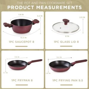 Moss & Stone Nonstick Induction Cookware Set, 4Pcs Aluminum Small Pots and Pans Set with Glass Lid, Burgundy Diamond Non Stick Casserole Pot & Fry Pan Set, Cooking Pots Are Pfte/Pfoa/Pfos Free