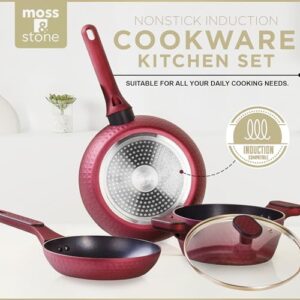 Moss & Stone Nonstick Induction Cookware Set, 4Pcs Aluminum Small Pots and Pans Set with Glass Lid, Burgundy Diamond Non Stick Casserole Pot & Fry Pan Set, Cooking Pots Are Pfte/Pfoa/Pfos Free