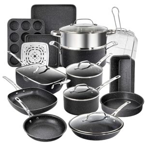 granitestone 20 pc kitchen pots and pans set non stick cookware set, kitchen cookware sets, granite nonstick cookware set, diamond coated non toxic cookware set, oven & dishwasher safe - black