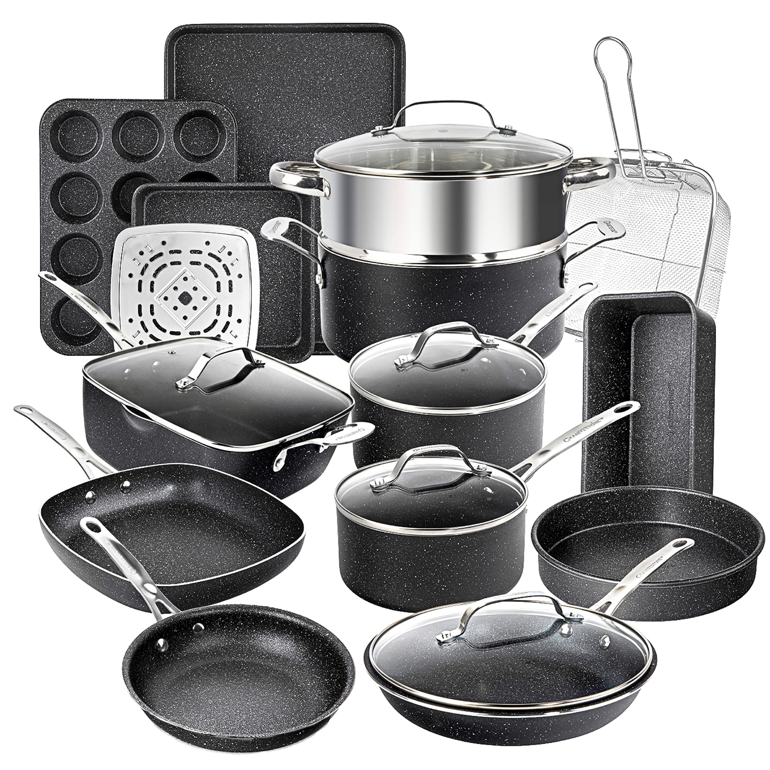 GRANITESTONE 20 Pc Kitchen Pots and Pans Set Non Stick Cookware Set, Kitchen Cookware Sets, Granite Nonstick Cookware Set, Diamond Coated Non Toxic Cookware Set, Oven & Dishwasher Safe - Black