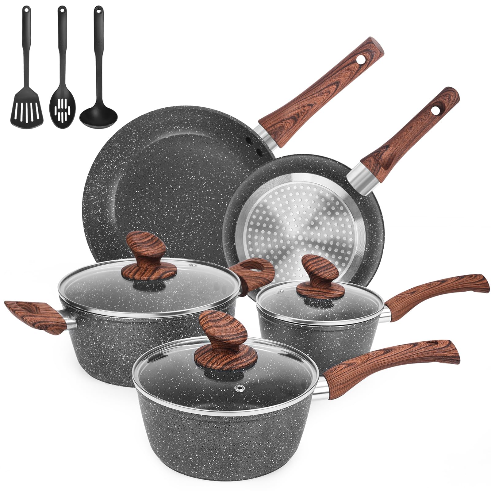 M MELENTA Granite Pots and Pans Set Ultra Nonstick, 11 Piece Die-Cast Cookware Sets with Frying Pan, Sauce Pan, Stockpot, Stay Cool Handle & Kitchen Utensils, Gas/Induction Compatible, 100% PFOA Free