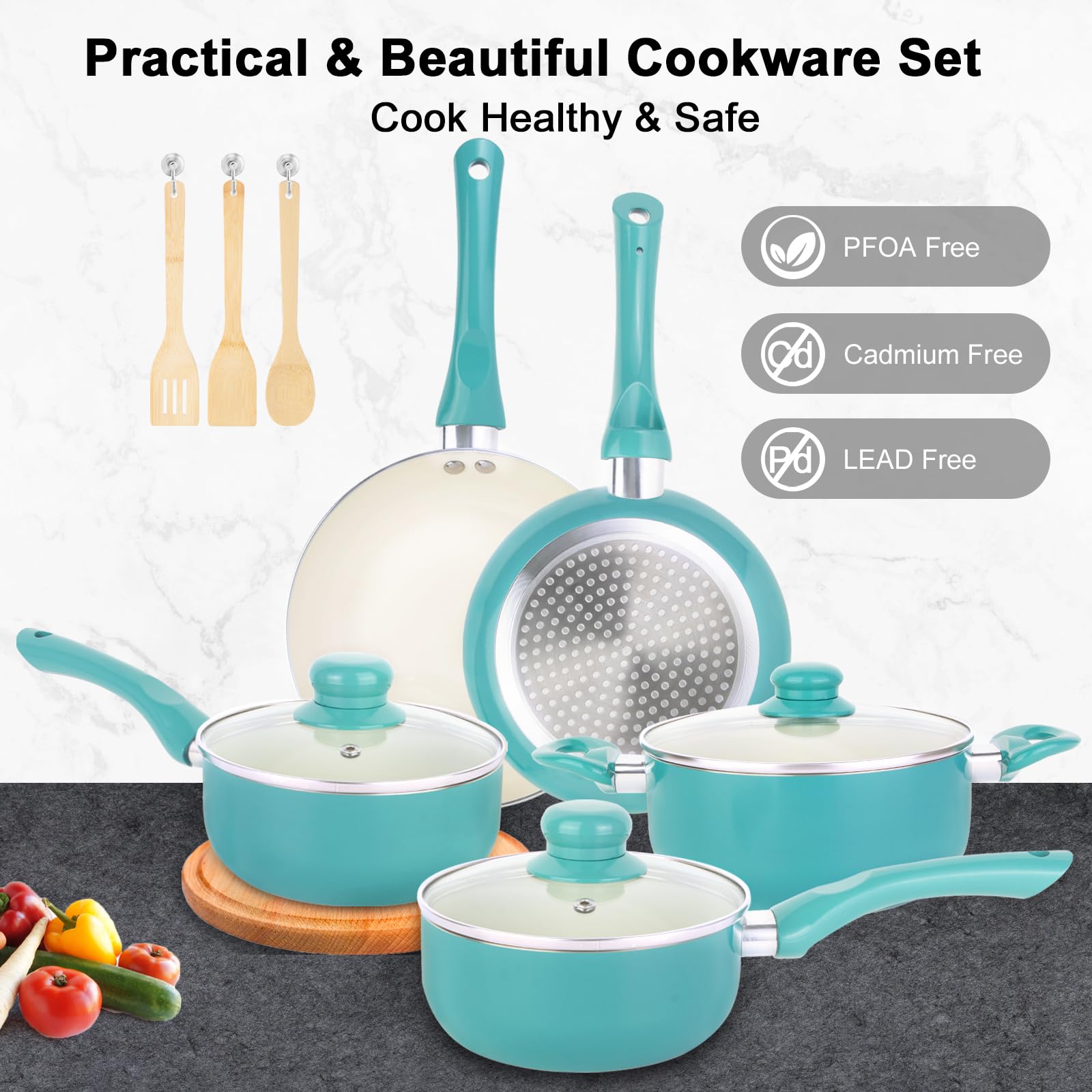 M MELENTA Pots and Pans Set Nonstick, 11pcs Kitchen Cookware Sets Induction Cookware, Ceramic Non Stick Cooking Set, Stay Cool Handle & Bamboo Kitchen Utensils, 100% PFOA Free, Turquoise