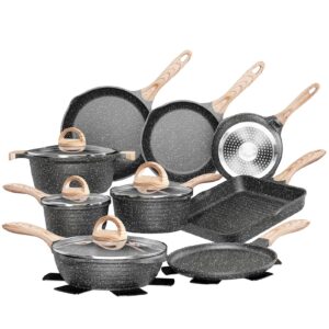 jeetee pots and pans set nonstick 23pcs, healthy kitchen cookware sets, induction cooking set w/gray granite stone frying pans, saucepans, sauté pan, griddle pan & crepe pan (pfoa free)