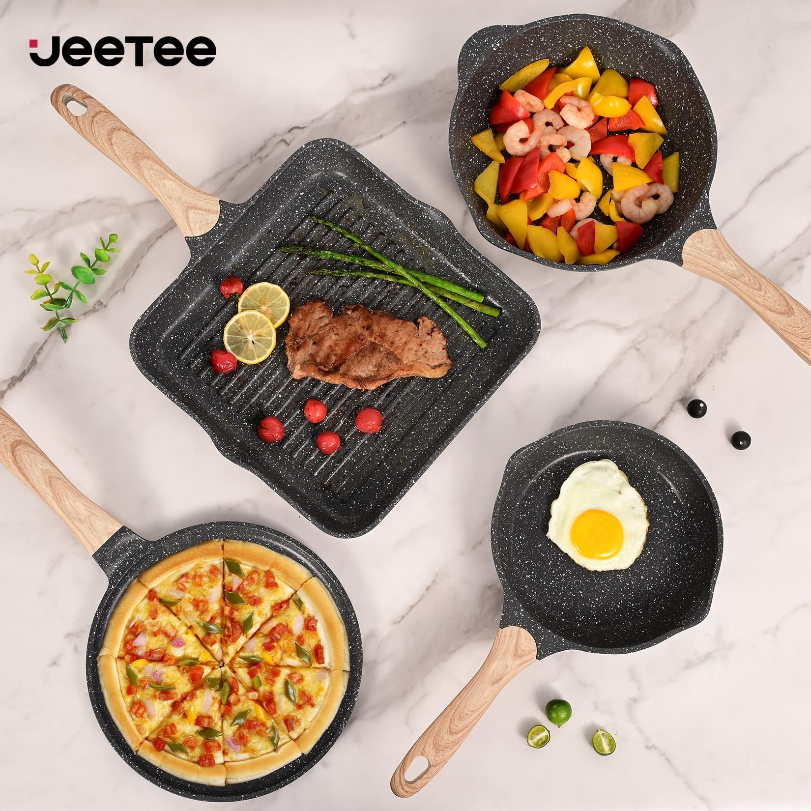 JEETEE Pots and Pans Set Nonstick 23pcs, Healthy Kitchen Cookware Sets, Induction Cooking Set W/Gray Granite Stone Frying Pans, Saucepans, Sauté Pan, Griddle Pan & Crepe Pan (PFOA Free)