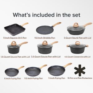 JEETEE Pots and Pans Set Nonstick 23pcs, Healthy Kitchen Cookware Sets, Induction Cooking Set W/Gray Granite Stone Frying Pans, Saucepans, Sauté Pan, Griddle Pan & Crepe Pan (PFOA Free)