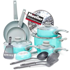 mueller 16-piece non-stick stone cookware set with steamer and glass lids, turquoise