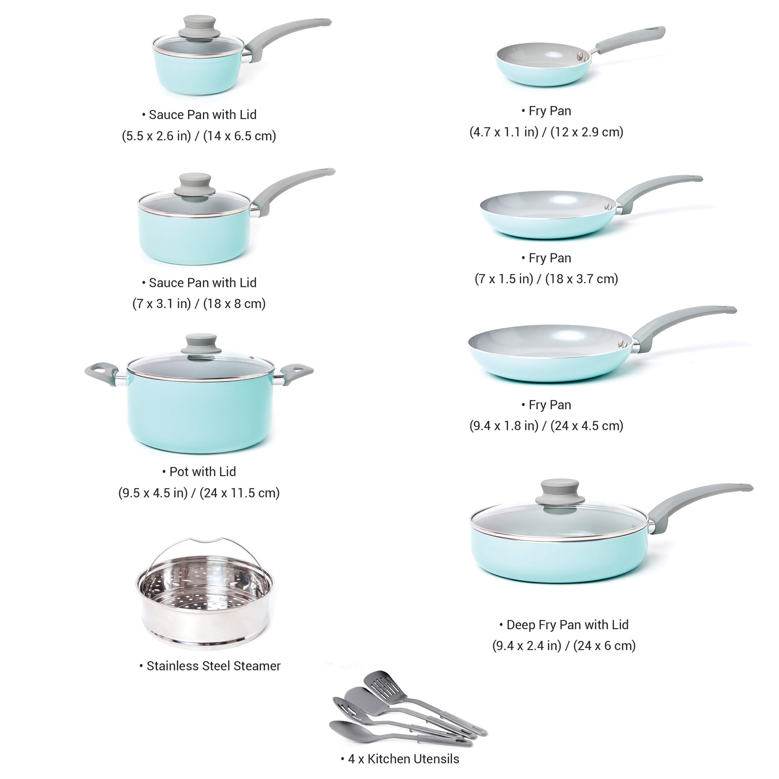 Mueller 16-Piece Non-Stick Stone Cookware Set with Steamer and Glass Lids, Turquoise