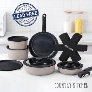 Country Kitchen 16 Piece Pots and Pans Set - Healthy Safe Ceramic Nonstick Kitchen Cookware with Soft Touch Removable Handle, RV Cookware Set, Oven Safe (Grey/Black)