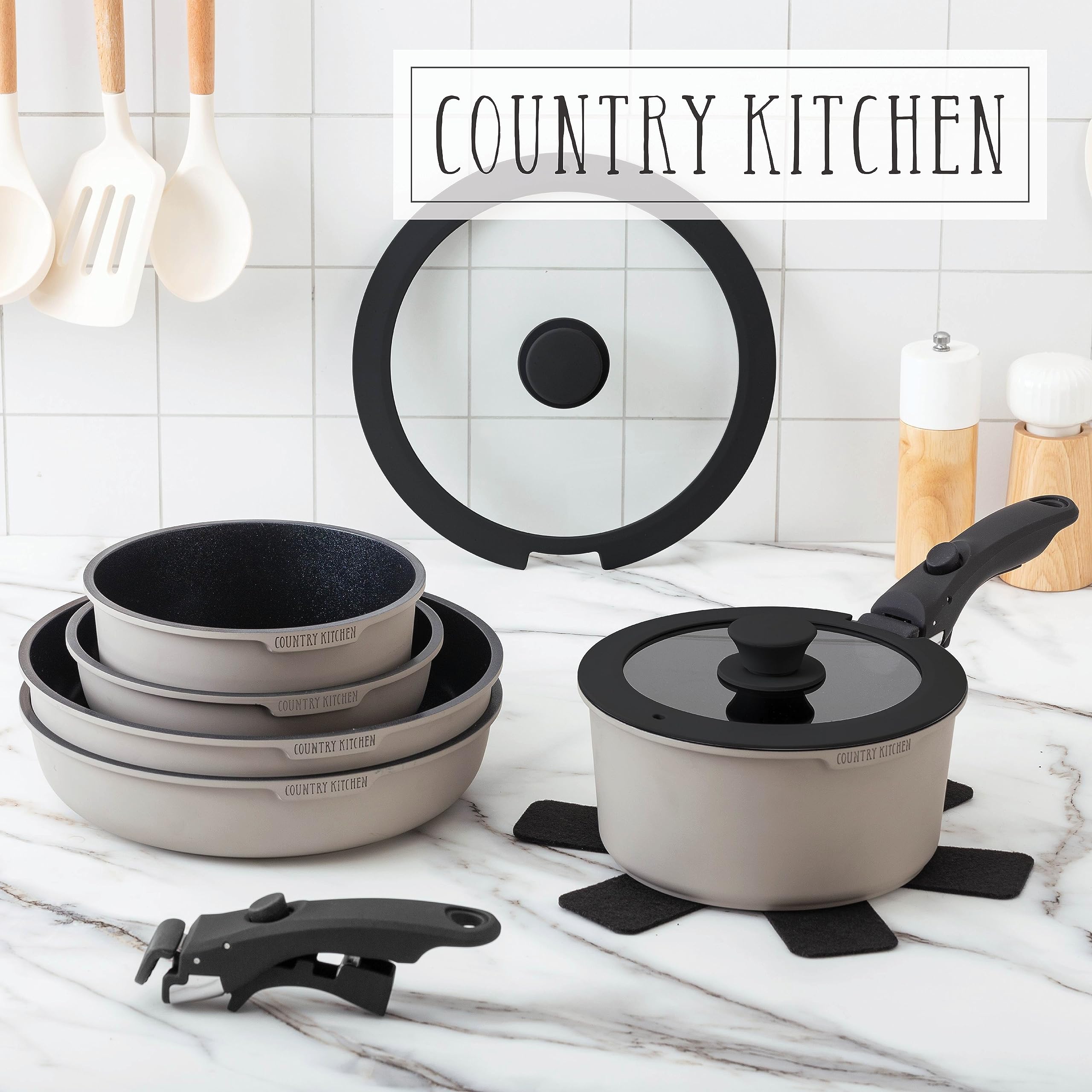 Country Kitchen 16 Piece Pots and Pans Set - Healthy Safe Ceramic Nonstick Kitchen Cookware with Soft Touch Removable Handle, RV Cookware Set, Oven Safe (Grey/Black)