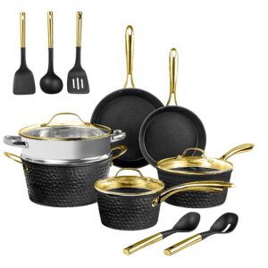 granitestone 15 pc ceramic pots and pans set non stick, kitchen cookware sets, pot and pan set, ceramic cookware set, non stick pots and pan set with induction cookware, dishwasher safe, black