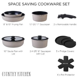 Country Kitchen 16 Piece Pots and Pans Set - Healthy Safe Ceramic Nonstick Kitchen Cookware with Soft Touch Removable Handle, RV Cookware Set, Oven Safe (Grey/Black)