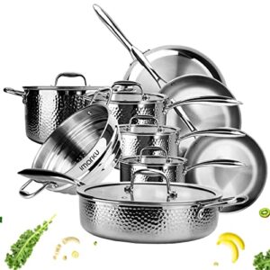 imarku stainless steel pots and pans set, 14-piece tri-ply hammered stainless steel cookware set, professional induction kitchen cookware sets, oven dishwasher safe, non toxic pfas free, silver