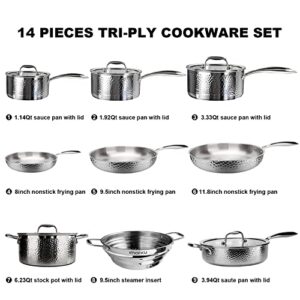 imarku Stainless Steel Pots and Pans Set, 14-Piece Tri-Ply Hammered Stainless Steel Cookware Set, Professional Induction Kitchen Cookware Sets, Oven Dishwasher Safe, Non Toxic PFAS Free, Silver