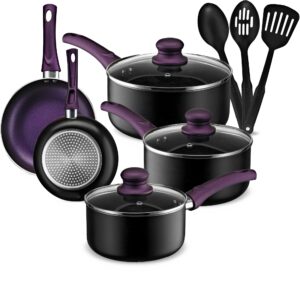 aheim pots and pans set, aluminum nonstick cookware set, fry pans, casserole with lid, sauce pan, and utensils, 11 piece cooking set (purple)