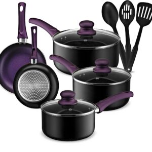 AHEIM Pots and Pans Set, Aluminum Nonstick Cookware Set, Fry Pans, Casserole with Lid, Sauce Pan, and Utensils, 11 Piece Cooking Set (Purple)