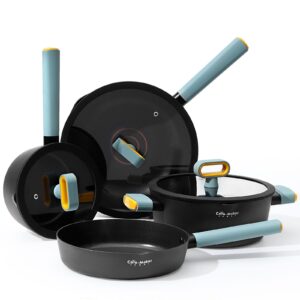 leetaltree nonstick pots and pans - 8 pc glacier blue cookware set with lids, cooking set with silicone spill-proof lid edge, patented precision oil control, dishwasher safe