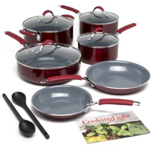 cooking light nonstick ceramic pots and pans set with silicone stay cool handles, dishwasher safe, 12-piece cookware set, red